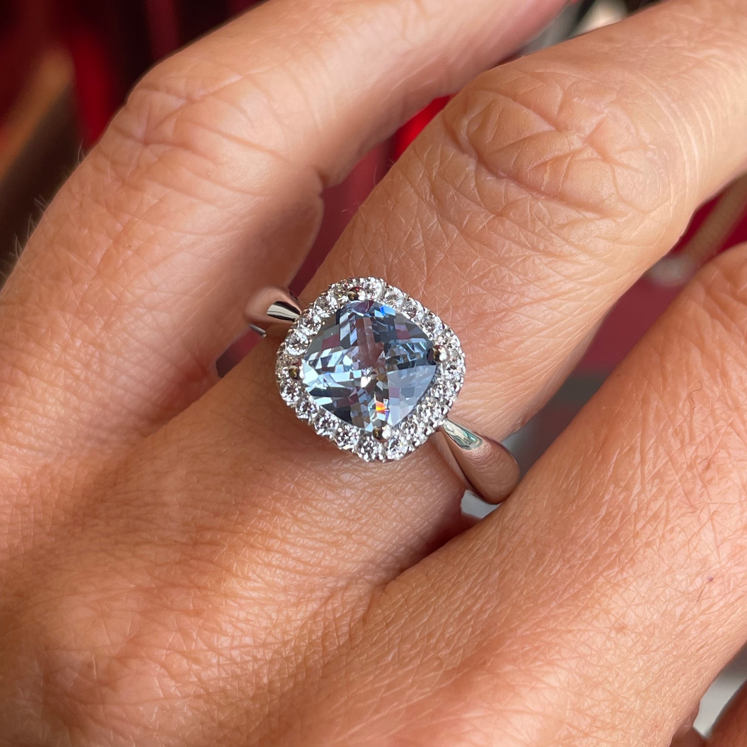 Silver Cushion Halo Ring | Aqua Blue | John Ross Jewellers